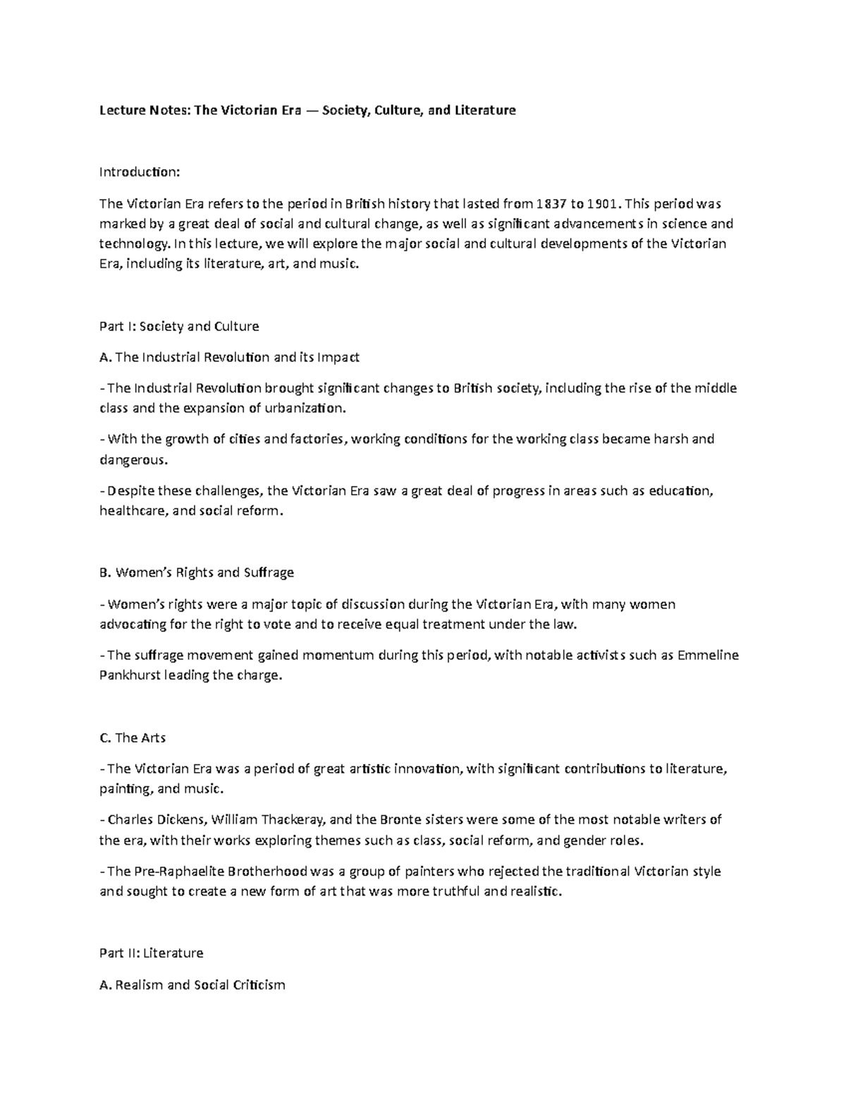 Lecture Notes: The Victorian Era — Society, Culture, and Literature ...