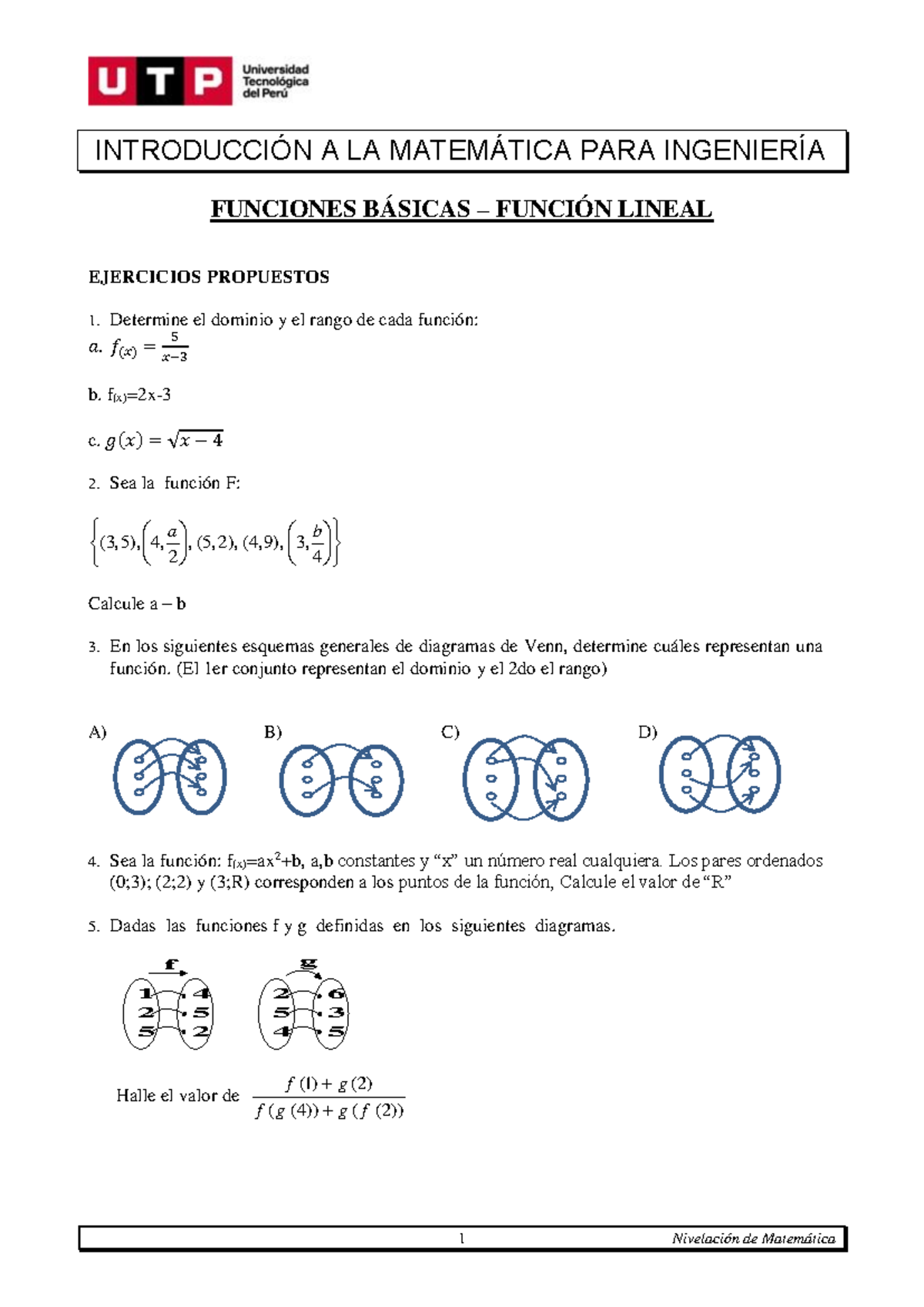 Práctica funciones - 1 Nivelación de Matemática NIVELACIÓN DE ...