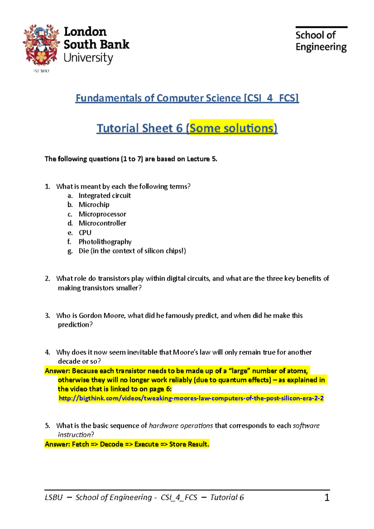 Tutorial solution of assembly language - Fundamentals of Computer Science [CSI_4_FCS] Tutorial ...