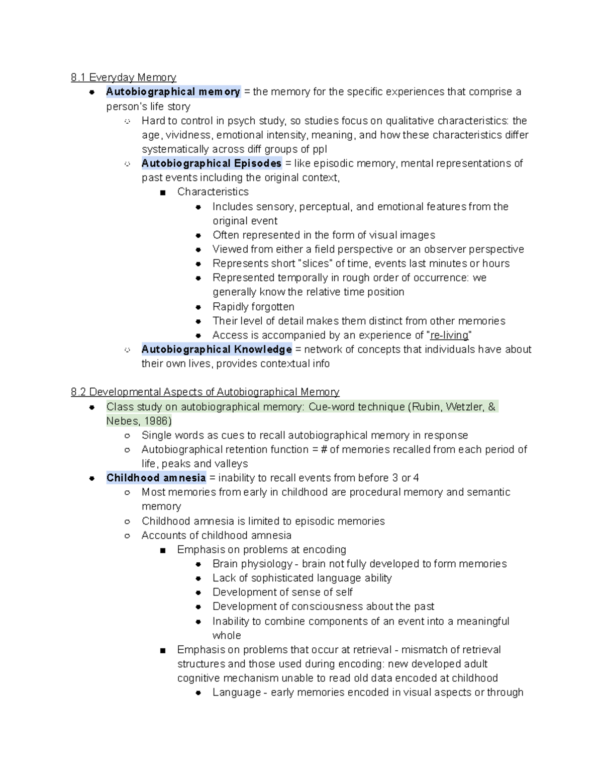 Chapter 8 Autobiographical Memory - 8 Everyday Memory Autobiographical memory = the memory for ...