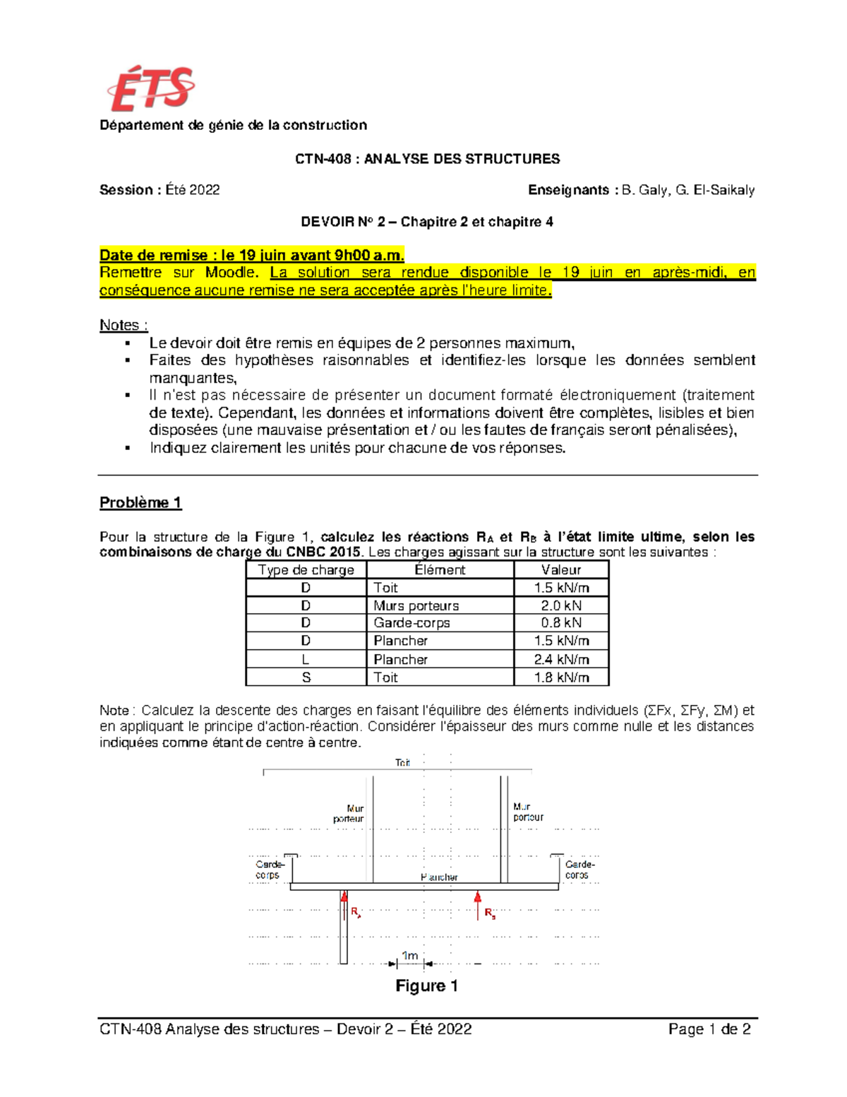 Devoir 2 E22 - Département de génie de la construction CTN-408 Analyse des structures – Devoir 2 ...