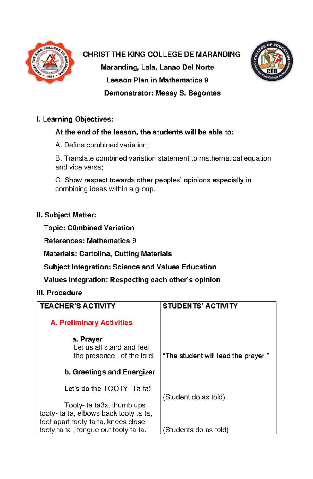 Formal demo2. Begontes - CHRIST THE KING COLLEGE DE MARANDING Maranding ...