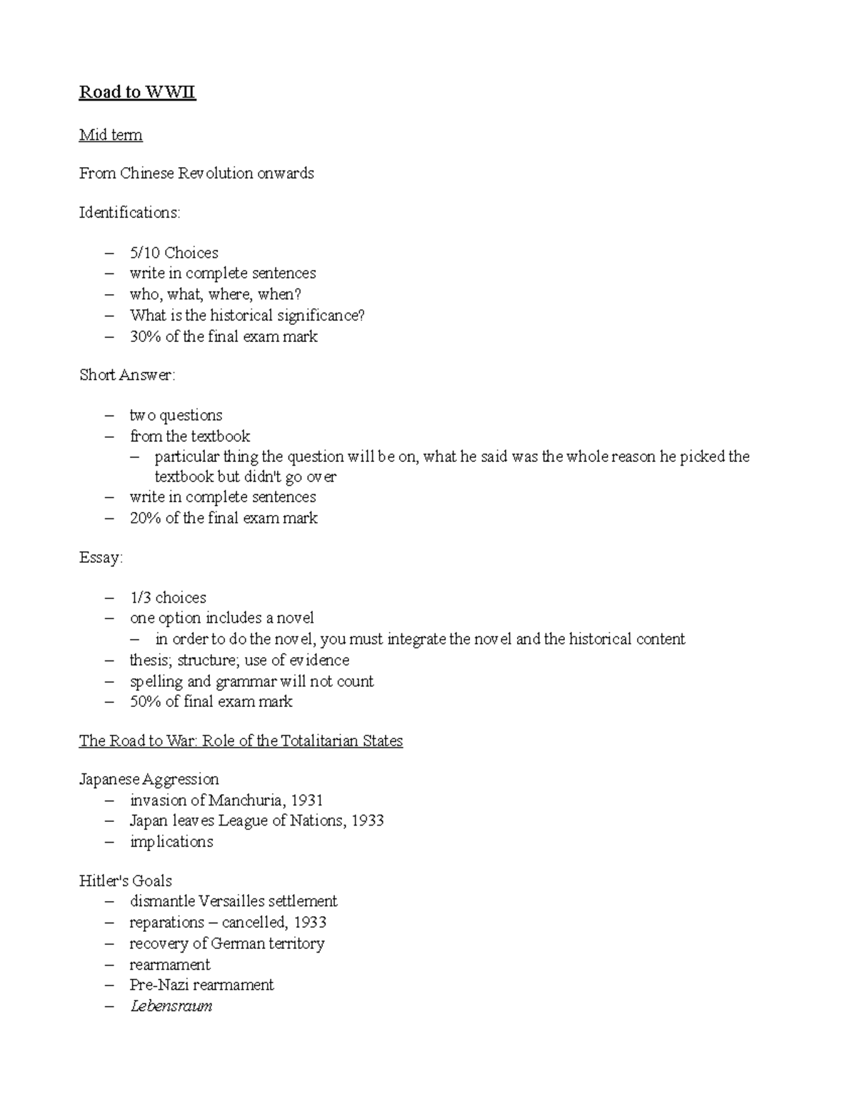 Road to WWII - Lecture notes 21 - Road to WWII Mid term From Chinese ...