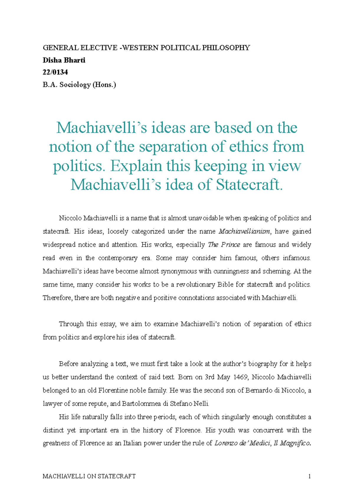 Machiavelli on Statecraft - GENERAL ELECTIVE -WESTERN POLITICAL ...