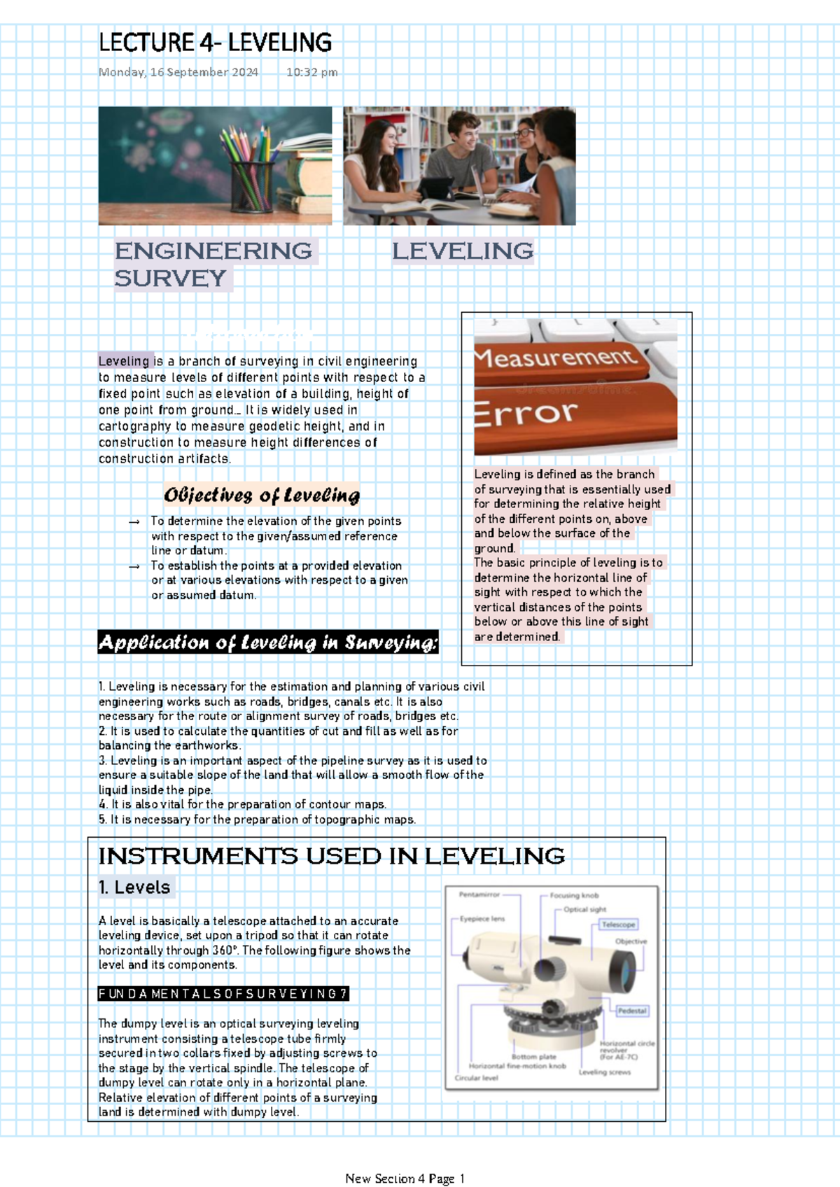 Notes Lecture 42 - ENGINEERING SURVEY LEVELING Introduction ...