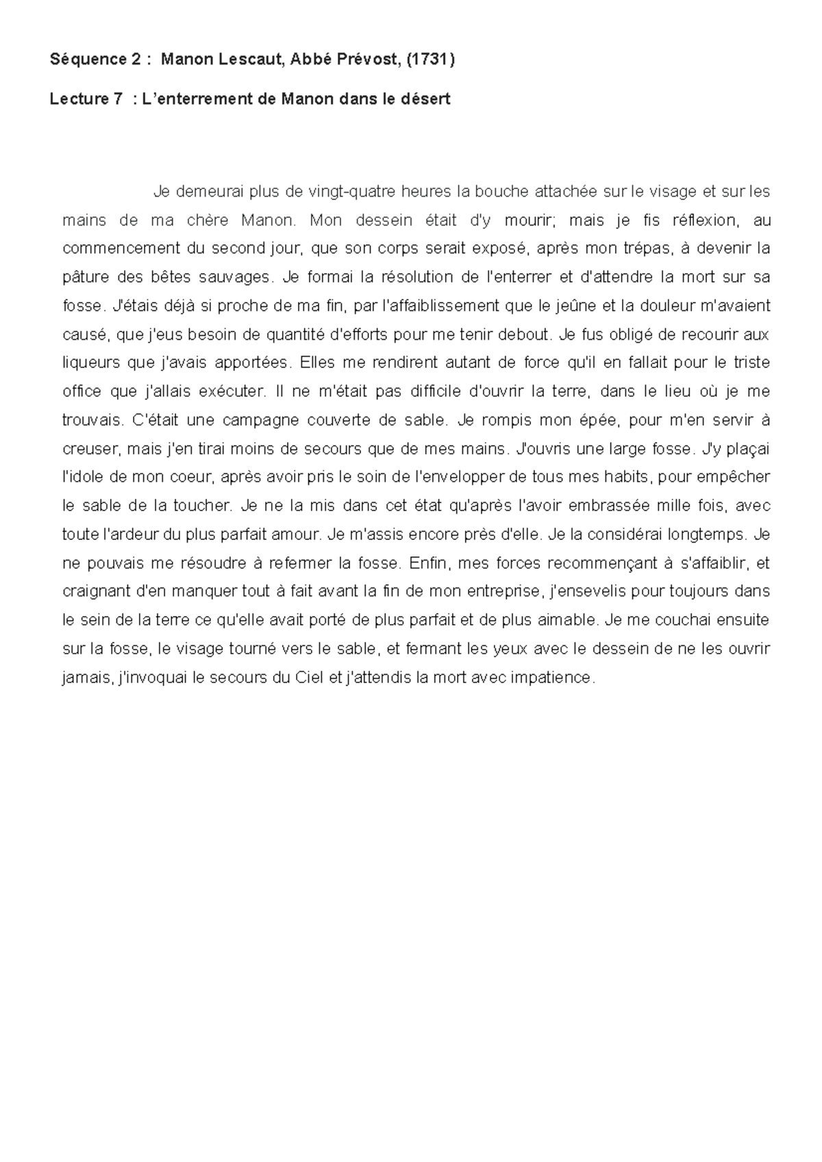 Lecture 7 enterrement - texte - Séquence 2 : Manon Lescaut, Abbé Prévost, (1731) Lecture 7 ...