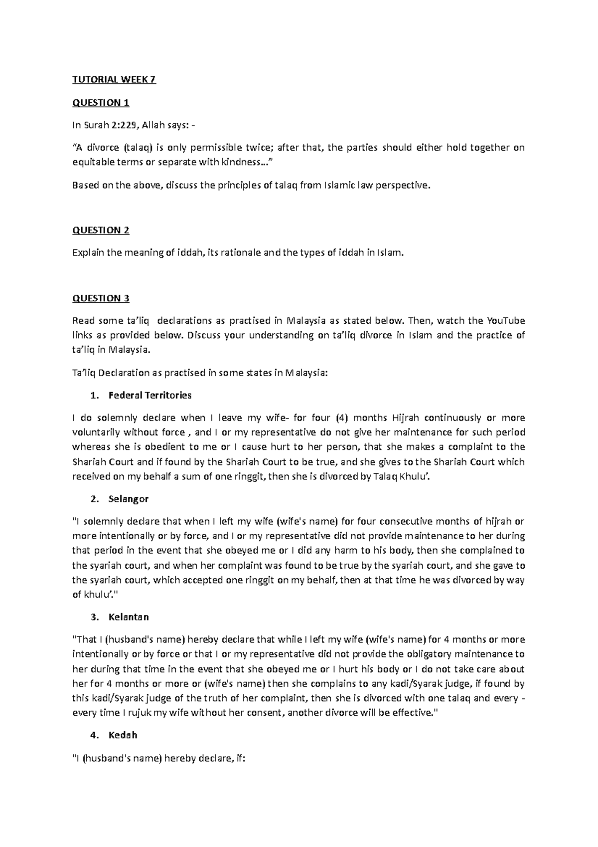 Tutorial WEEK 7 - tutooo - TUTORIAL WEEK 7 QUESTION 1 In Surah 2:229 ...