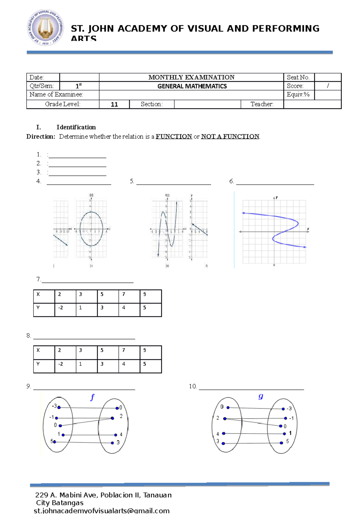 Genmath 1st Monthly EXAM - Date: MONTHLY EXAMINATION Seat No. Qtr/Sem ...