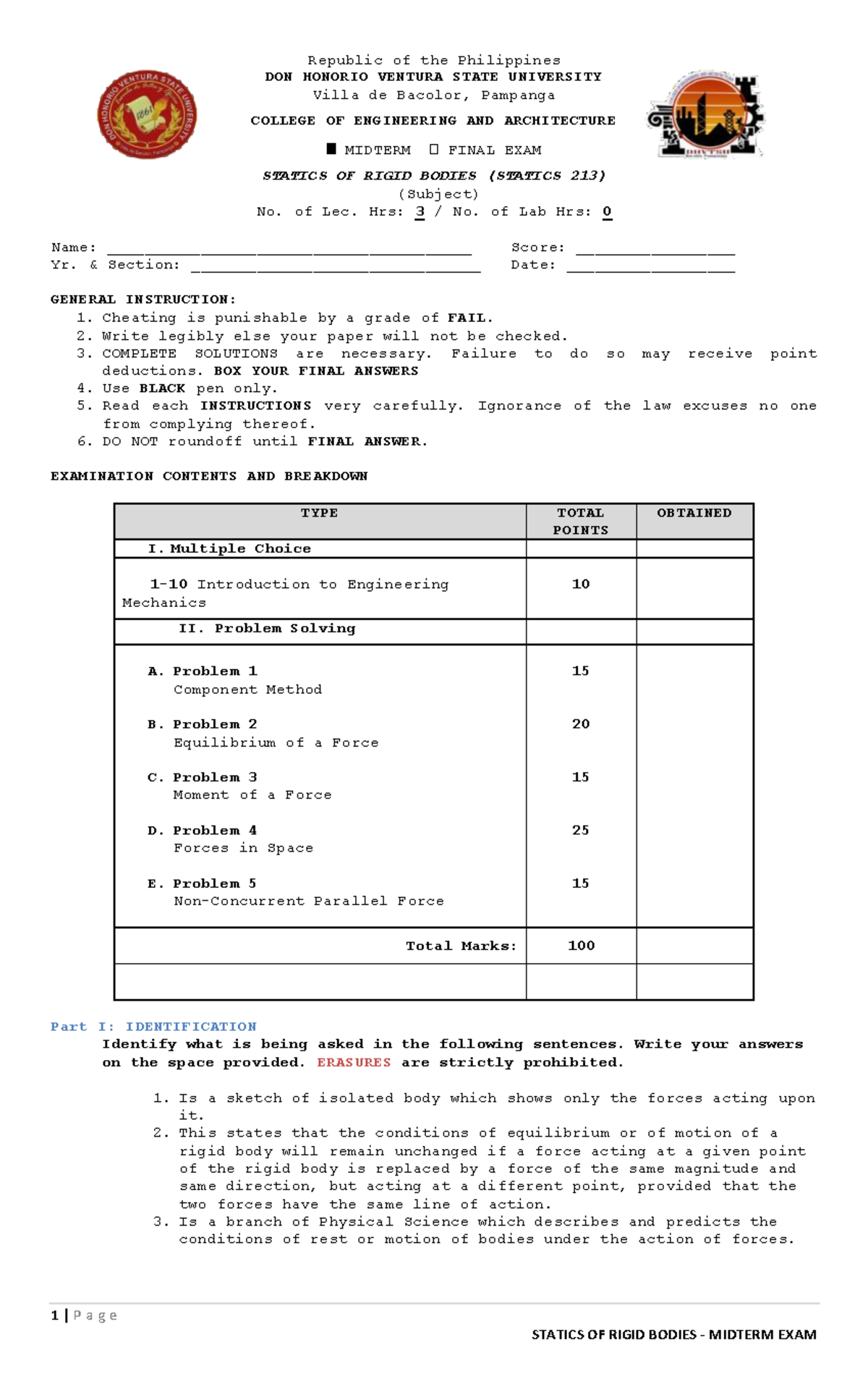 Statics Midterm EXAM SC - 1 | P a g e Republic of the Philippines DON ...