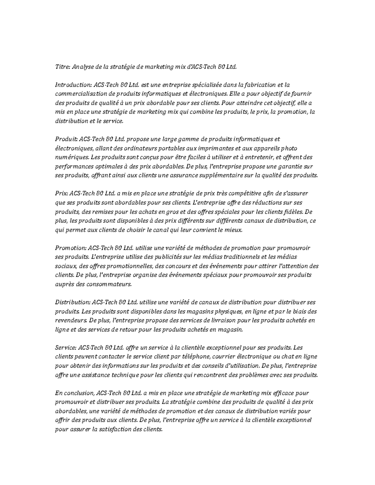 ACS-Tech 80 Ltd. marketing mix - Titre: Analyse de la stratégie de ...