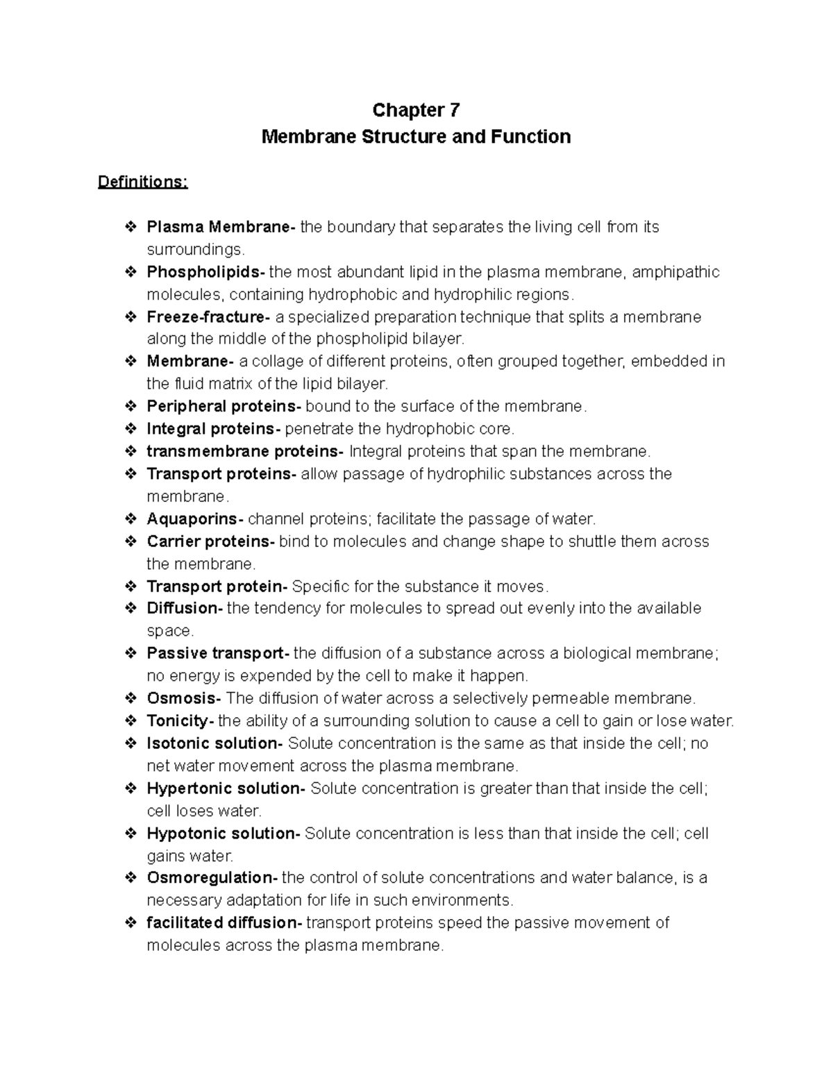 Chapter 7 bio notes - Chapter 7 Membrane Structure and Function ...