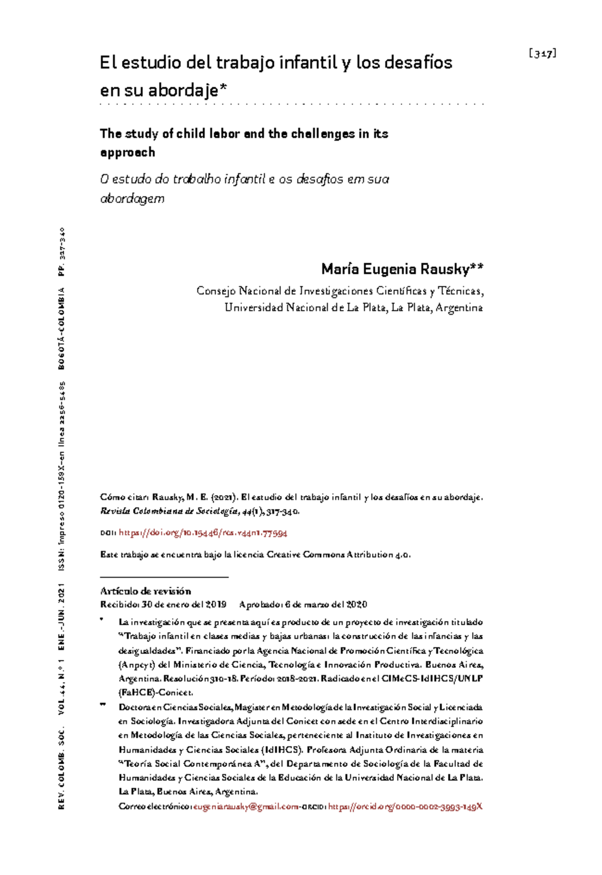 Rausky - [ 3 17 ] R E V. C O L O M B. S O C. V O L. 4 4 , N. 0 1 E N E. - J U N. 2 0 2 1 I S S N ...