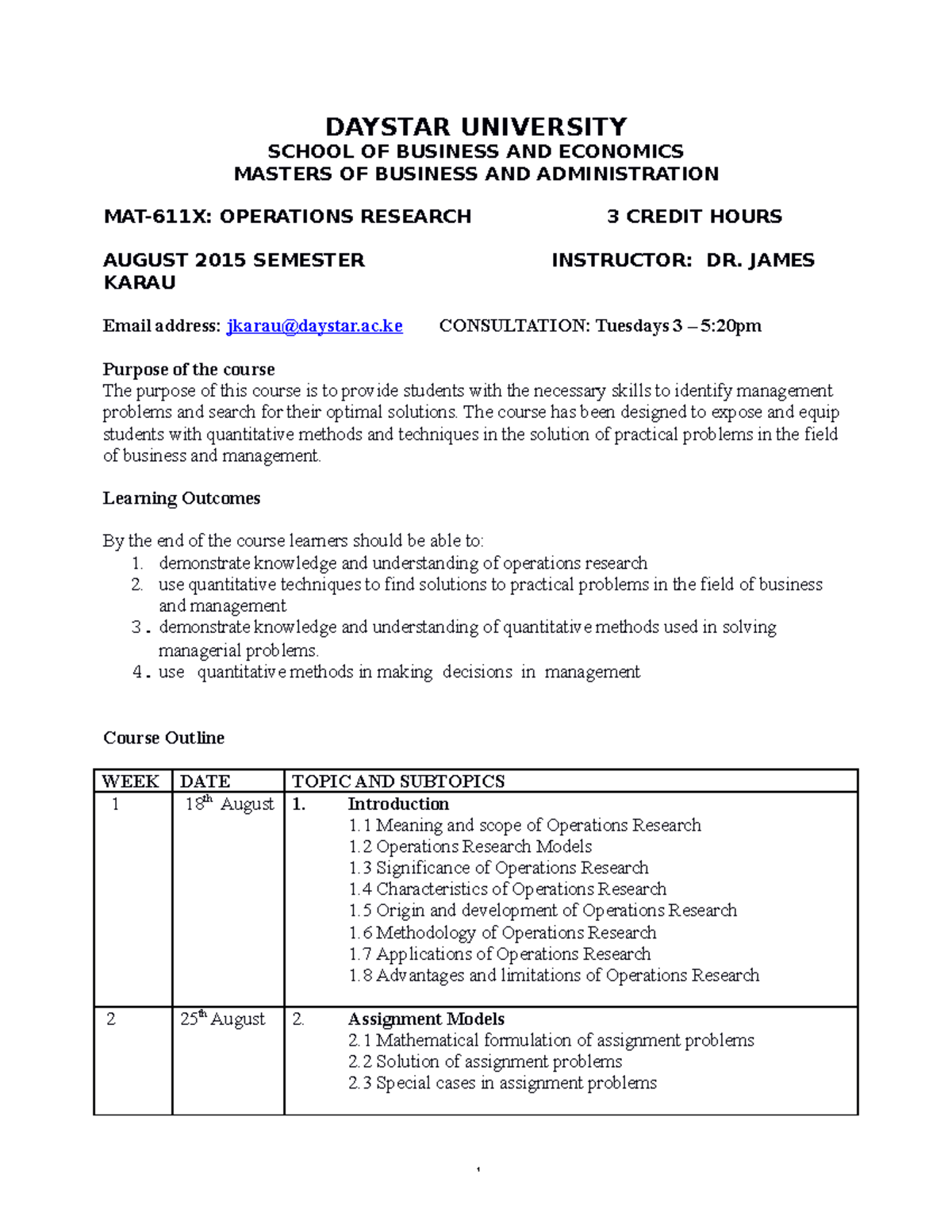 2015 08 MAT 611X Course Outline - DAYSTAR UNIVERSITY SCHOOL OF BUSINESS ...