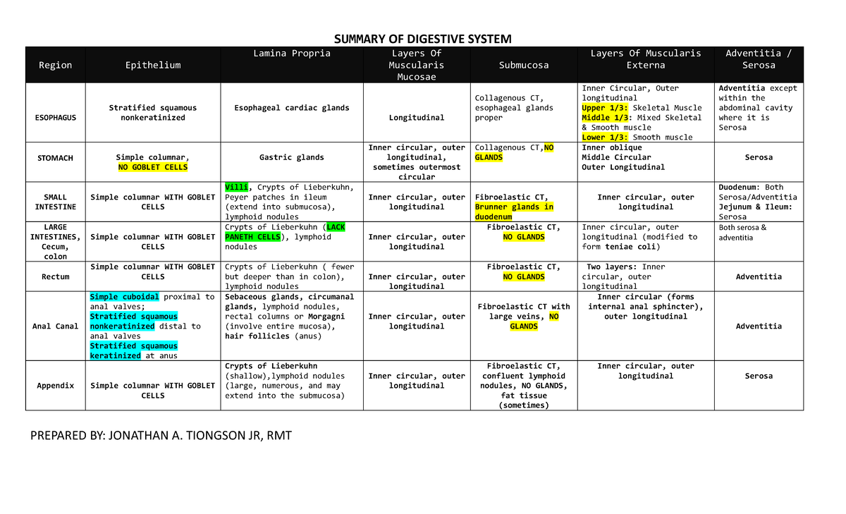 Table Summary OF Digestive System - SUMMARY OF DIGESTIVE SYSTEM Region ...