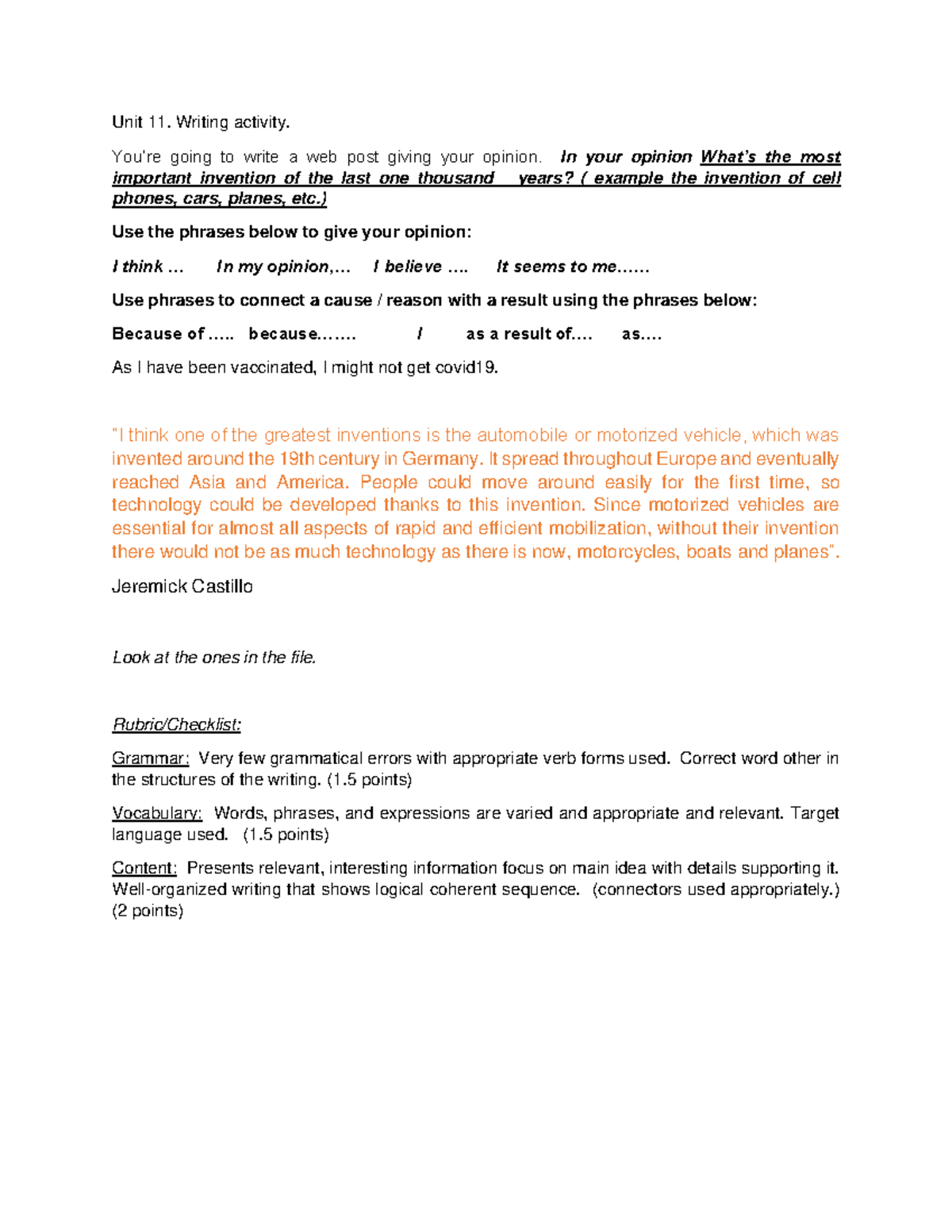 U.11 Writing activity (5 points) - Unit 11. Writing activity. You’re ...