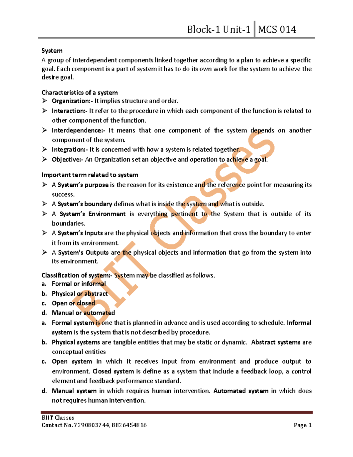 SAD notes unit -1,2,3 - BIIT Classes System A group of interdependent ...