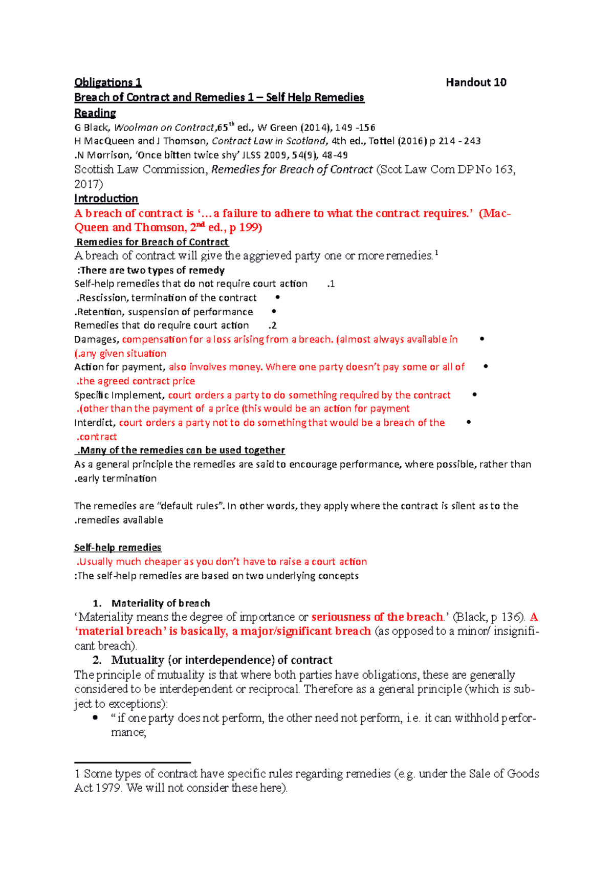 Handout 10 breach 1 - Obligations 1 Handout 10 Breach of Contract and ...