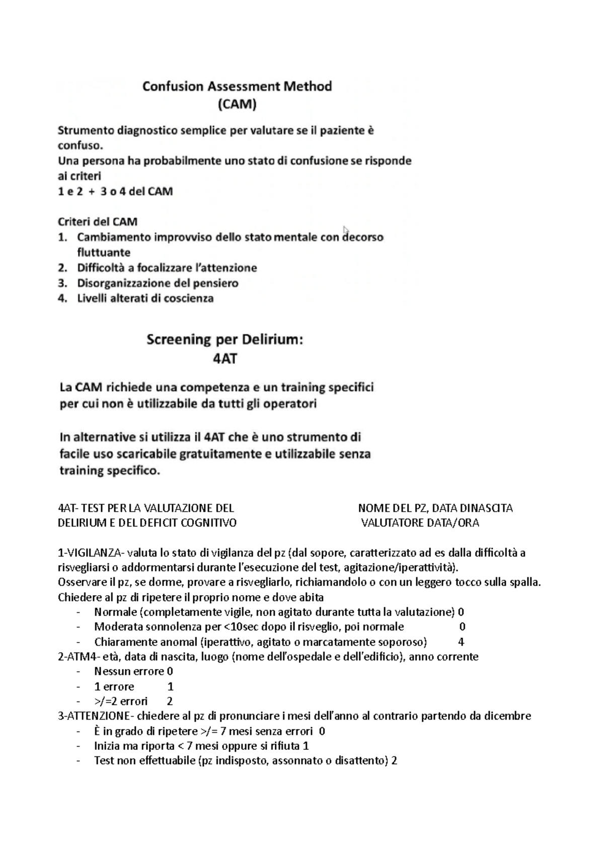 Delirium - Psichiatria - 4AT- TEST PER LA VALUTAZIONE DEL NOME DEL PZ ...