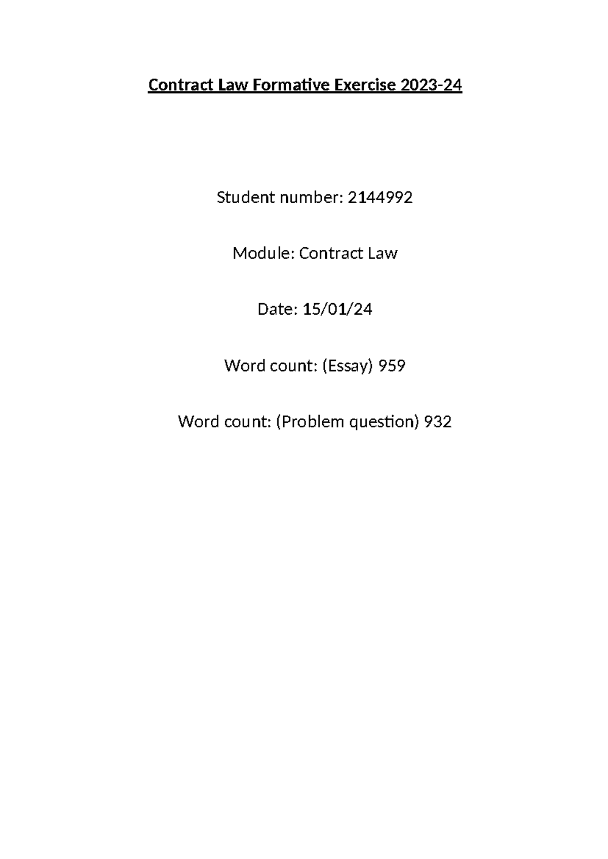 Contract Law Formative Exercise 23 - Module: Contract Law Contract Law Formative Exercise 2023 ...