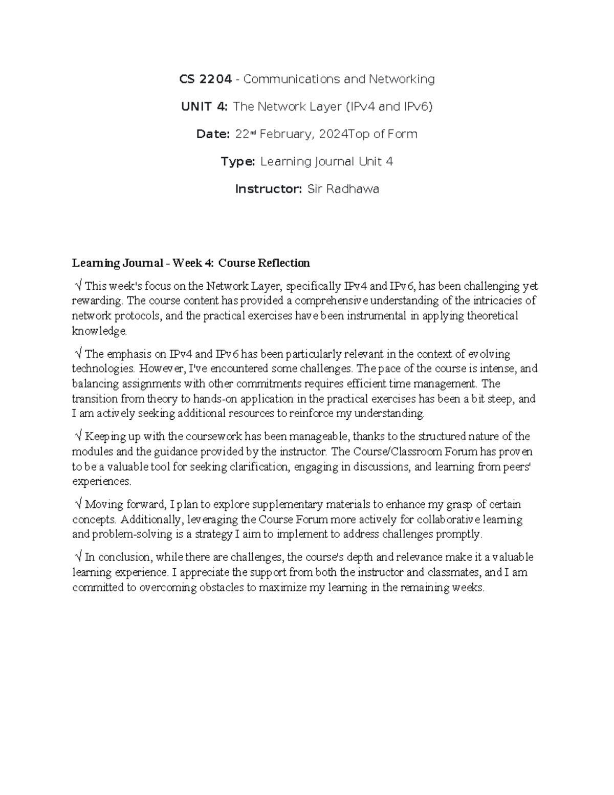 CS 2204 Learning Journal Unit 4 - CS 2204 - Communications and ...