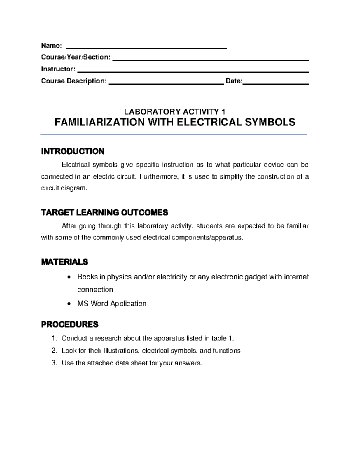 WS 1 (Familiarization with Electrical Symbols) - Name: Course/Year ...