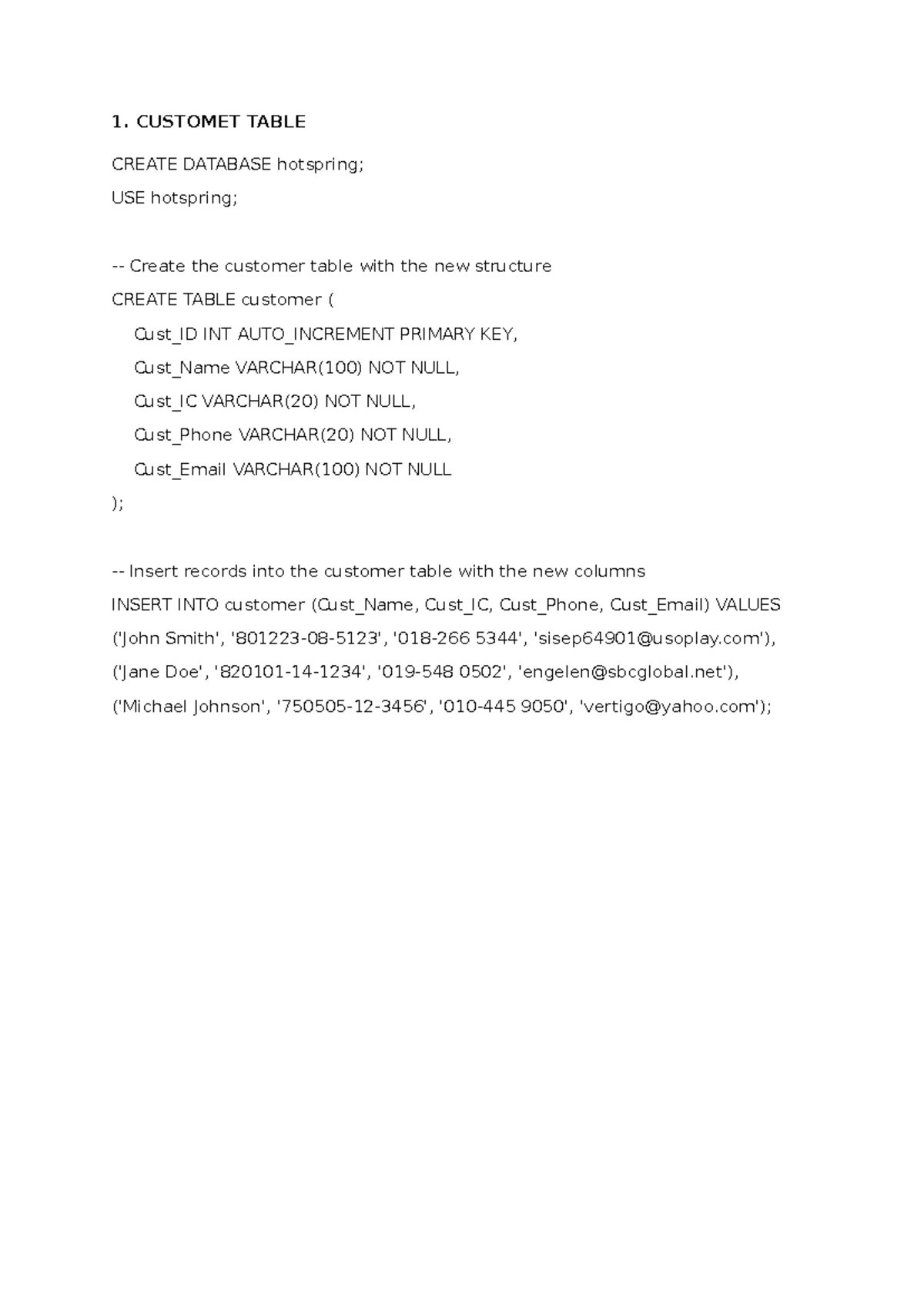 Phpmyadmin Sql Command 1 Customet Table Create Database Hotspring