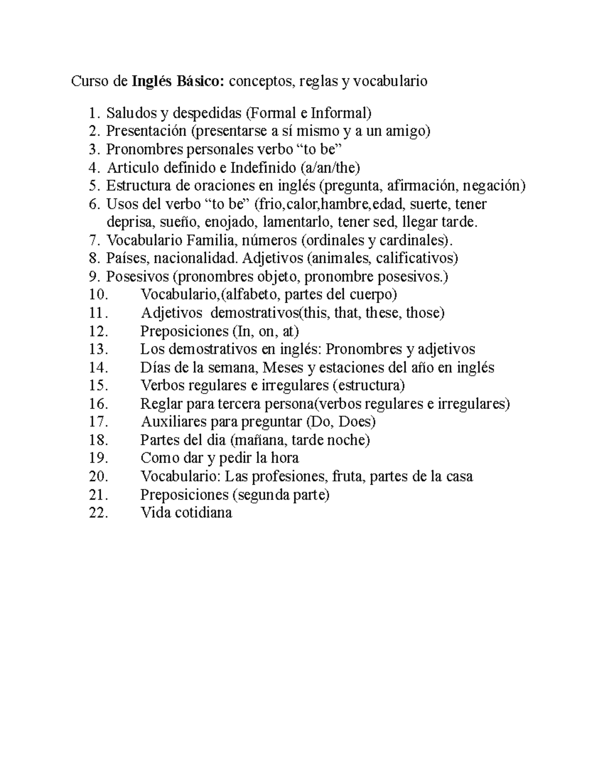 Temas a dar en el curso de Inglesc 2 - Curso de Inglés Básico ...