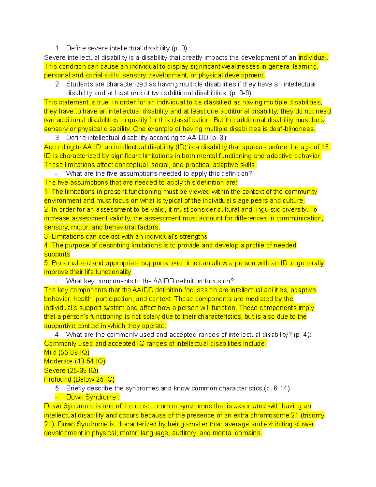Chapter 1 questions - Define severe intellectual disability (p. 3 ...