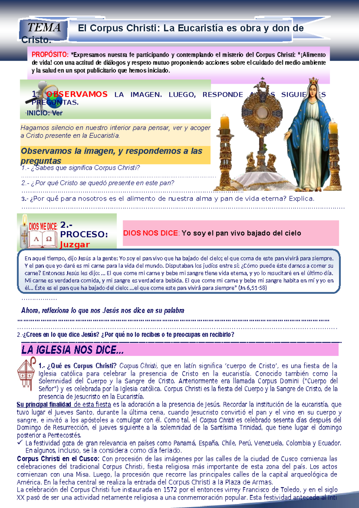 Sesión - 2do. El Corpus Christi - TEMA El Corpus Christi: La Eucaristía es obra y don de Cristo ...