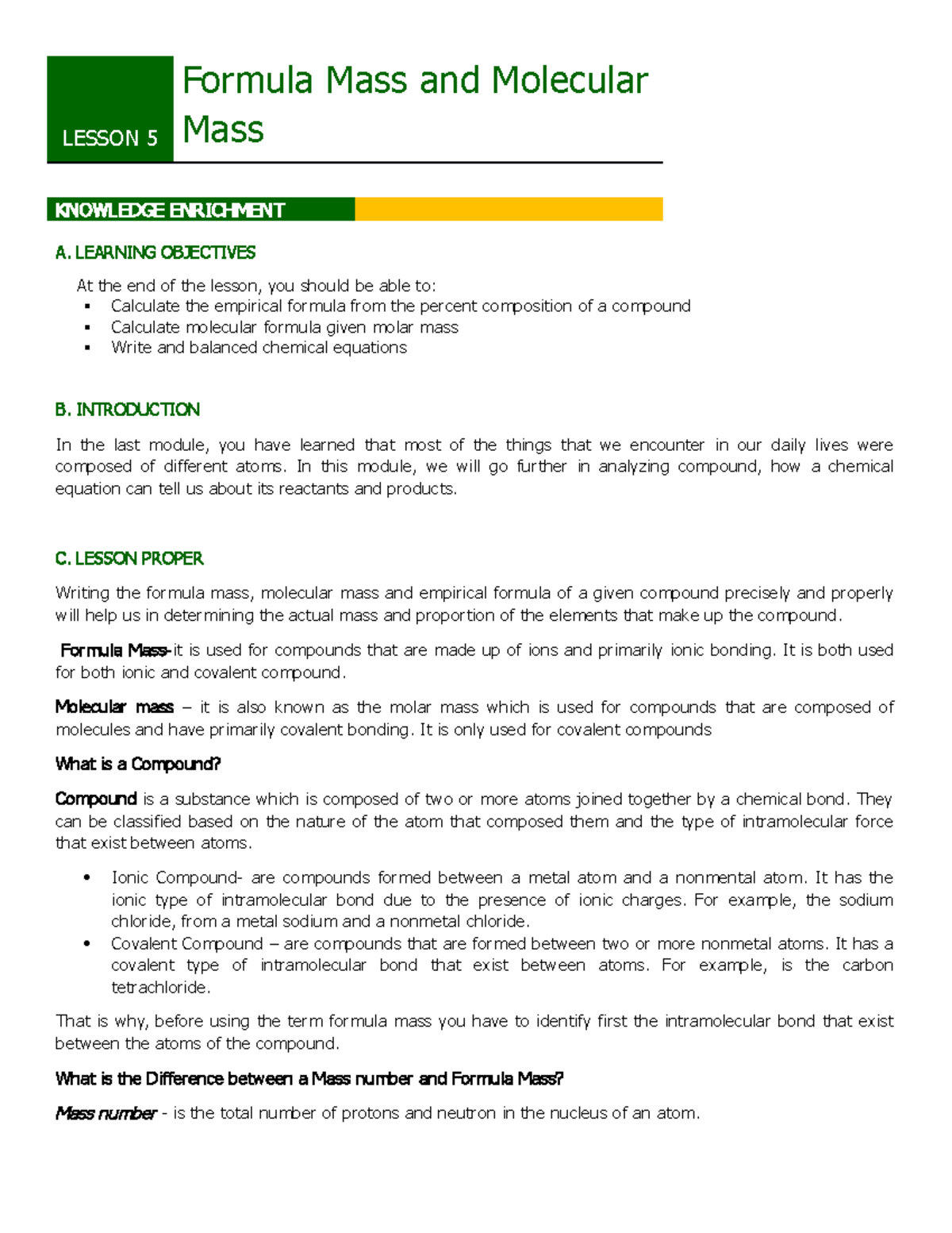 Lesson-5-GEN.CHEM1 - GEN CHEM - LESSON 5 Formula Mass and Molecular ...
