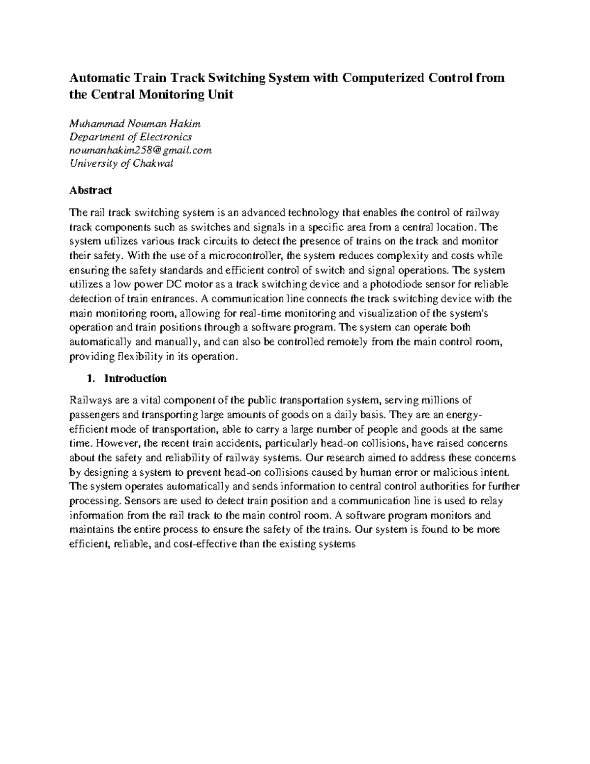 Automatic Train Track Switching System With Computerized Control From The Central Monitoring