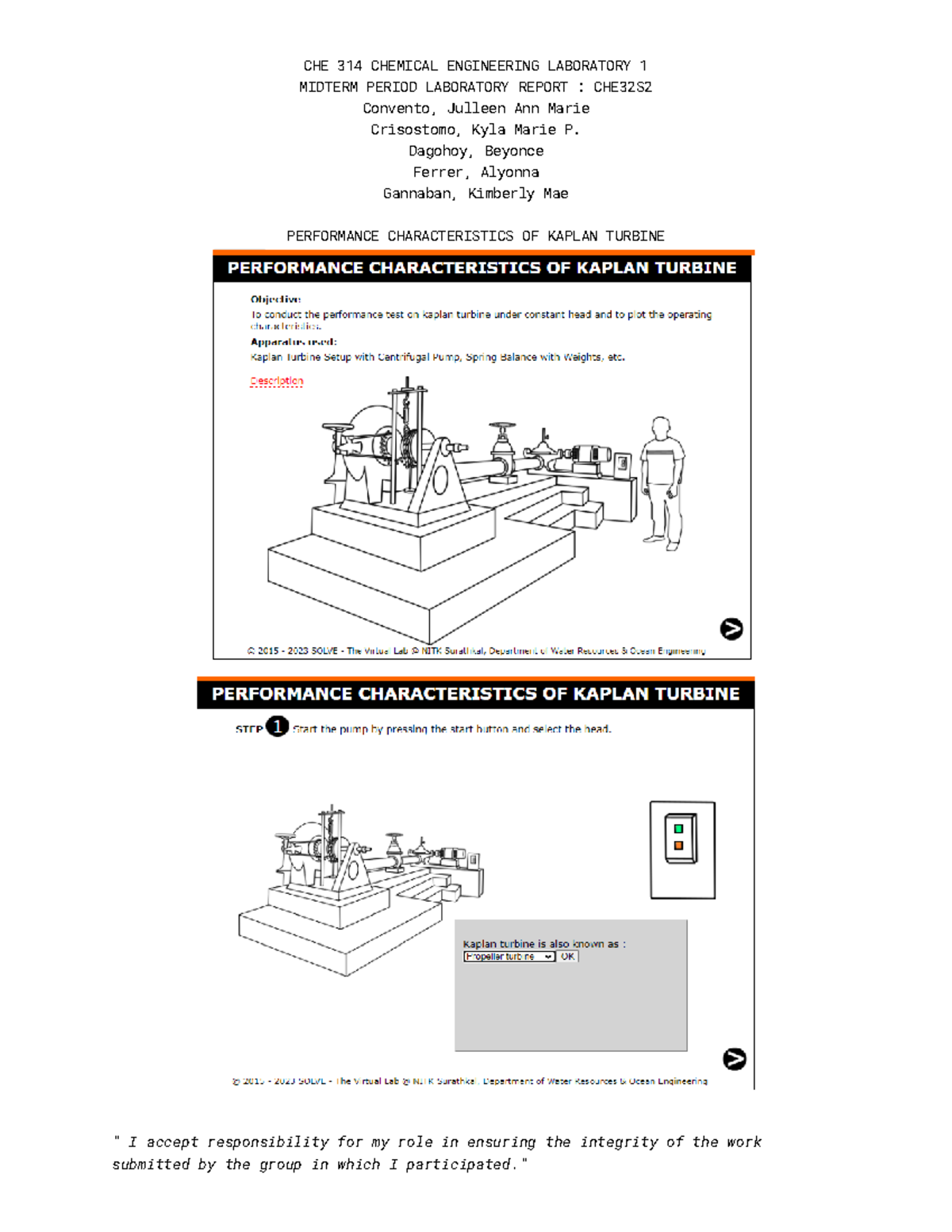 CHE314 Chemeng LAB 1 Midterm Period Laboratory Reporty Kaplan Turbine ...