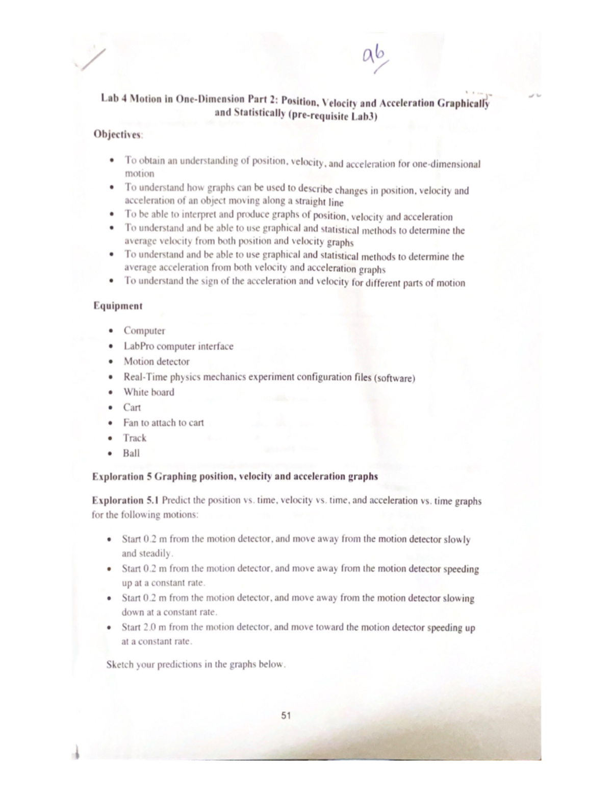 Lab 4 Motion in One-Dimension Part 2 Position, Velocity and ...