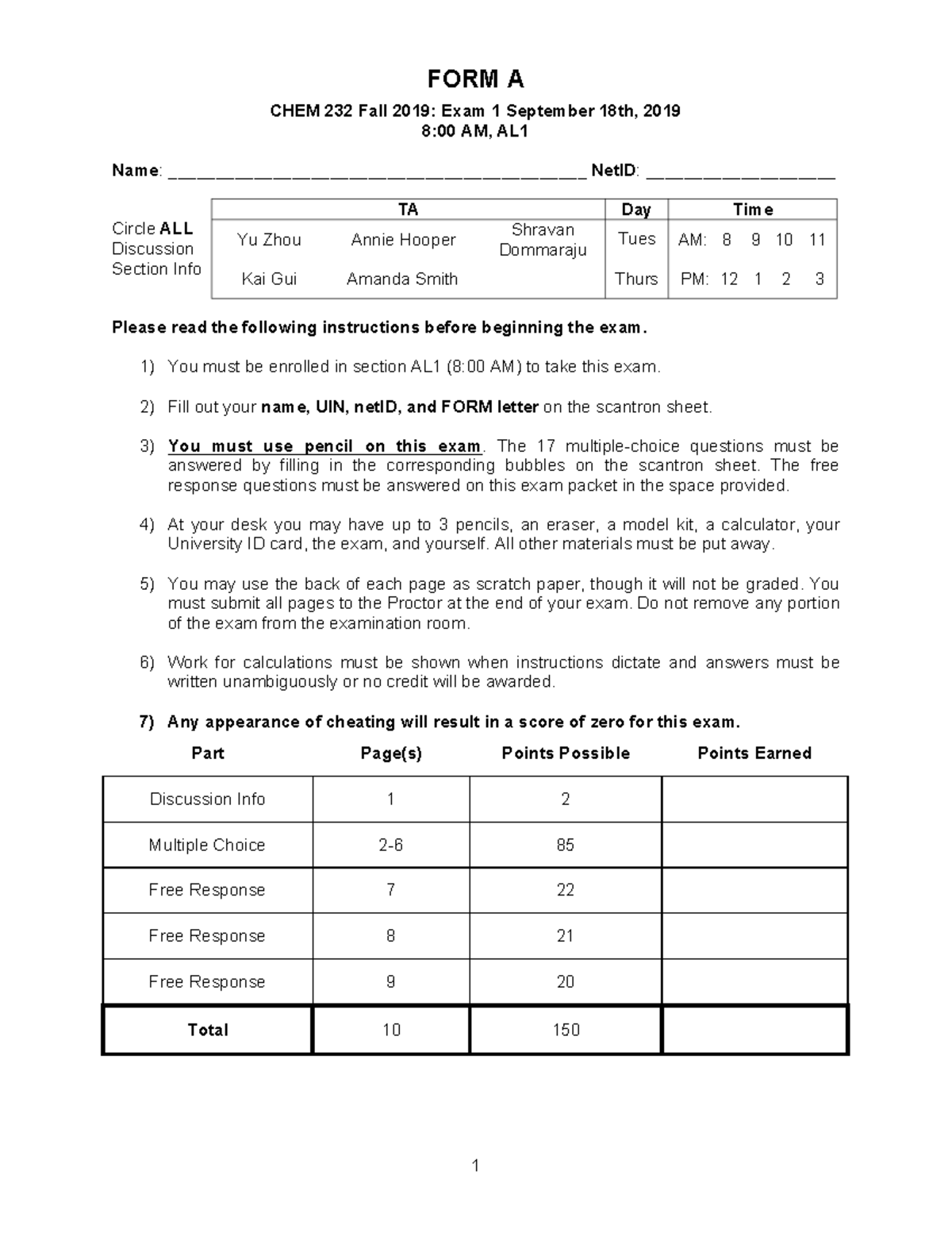 Exam 1 F2019 8AM Form A - Practice Test/ previous exam - ####### CHEM ...