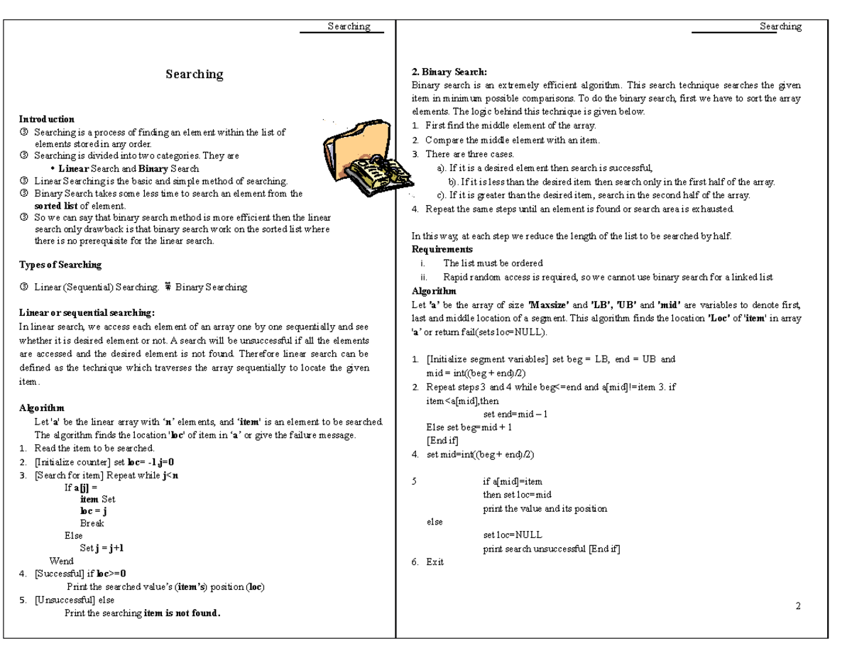 Lecture Notes Searching Searching Searching Introduction Searching Is A Process Of Finding