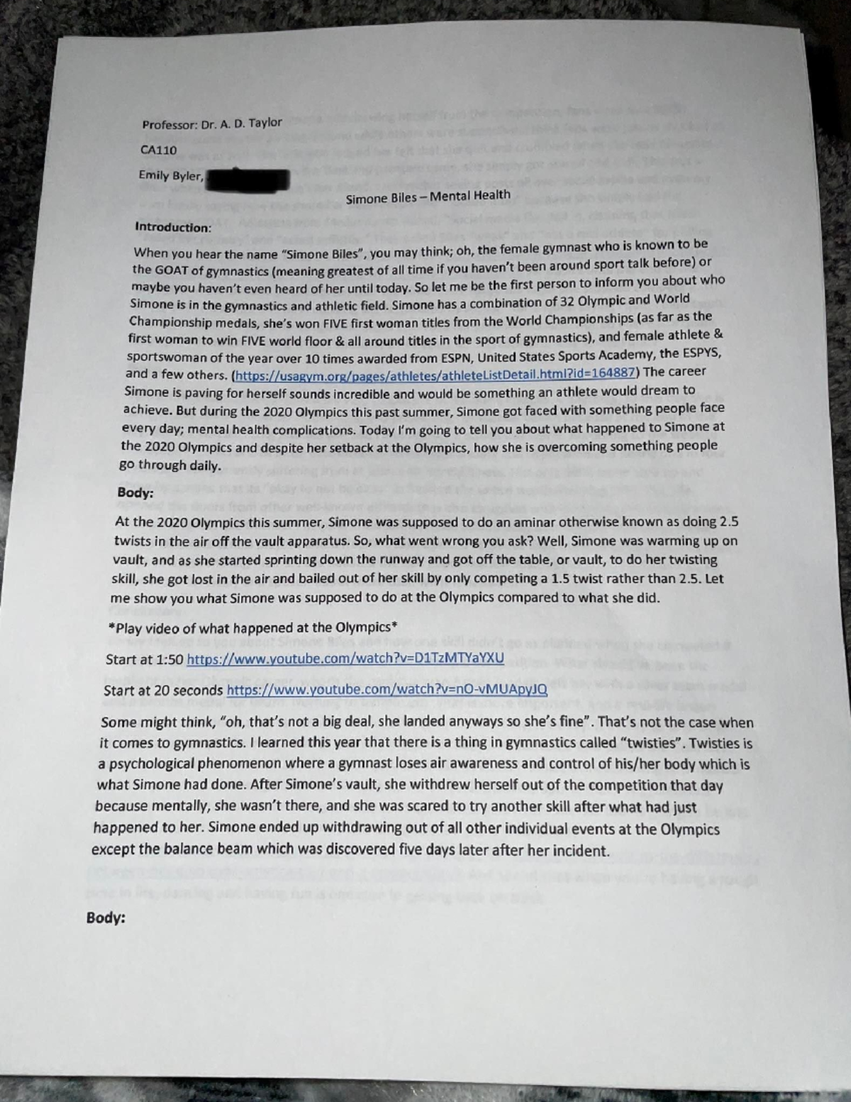 Simone Biles paper 1 - Current Event speech example, this is the ...