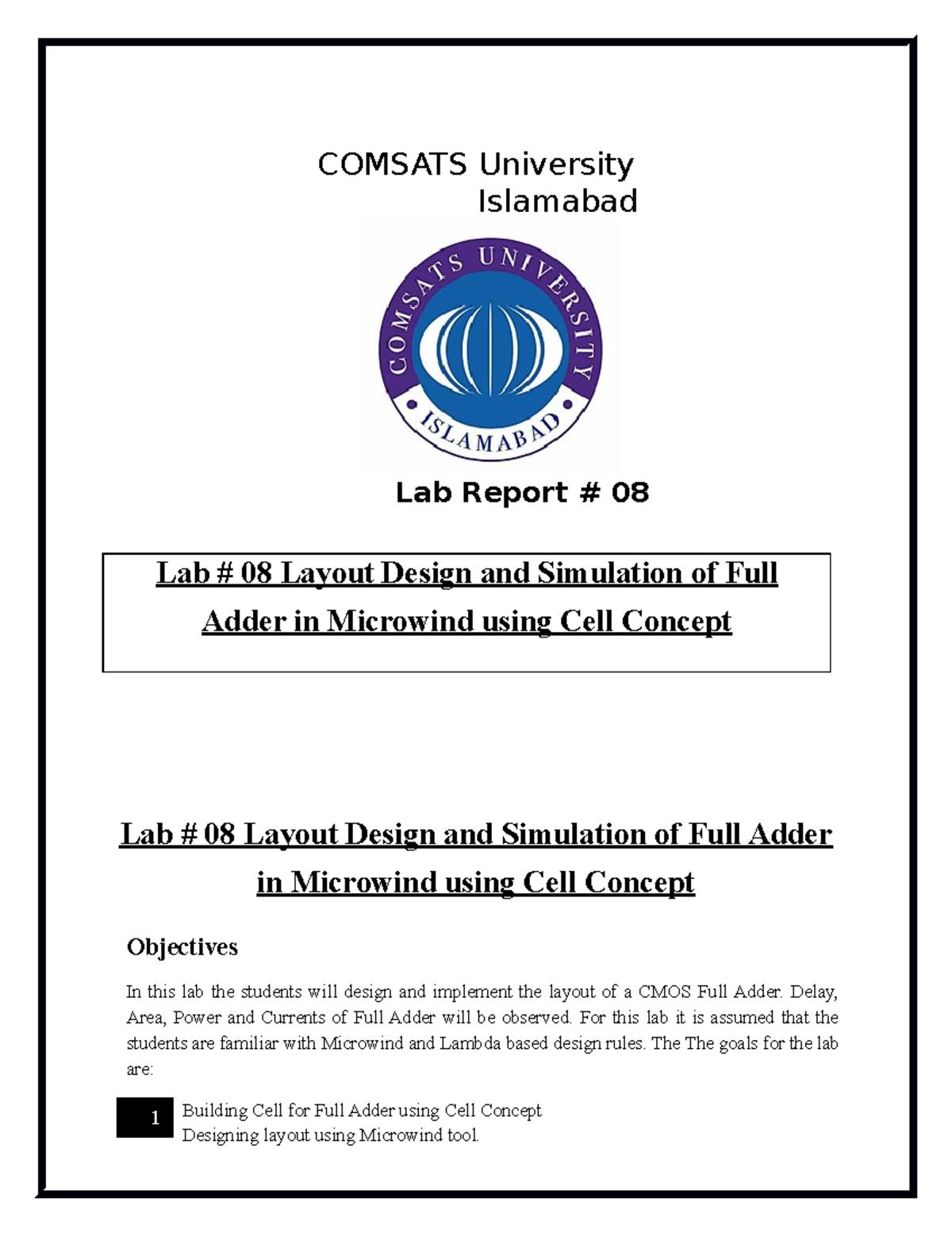 Lab report VLSI design - COMSATS University Islamabad Lab Report # 08 Lab # 08 Layout Design and ...