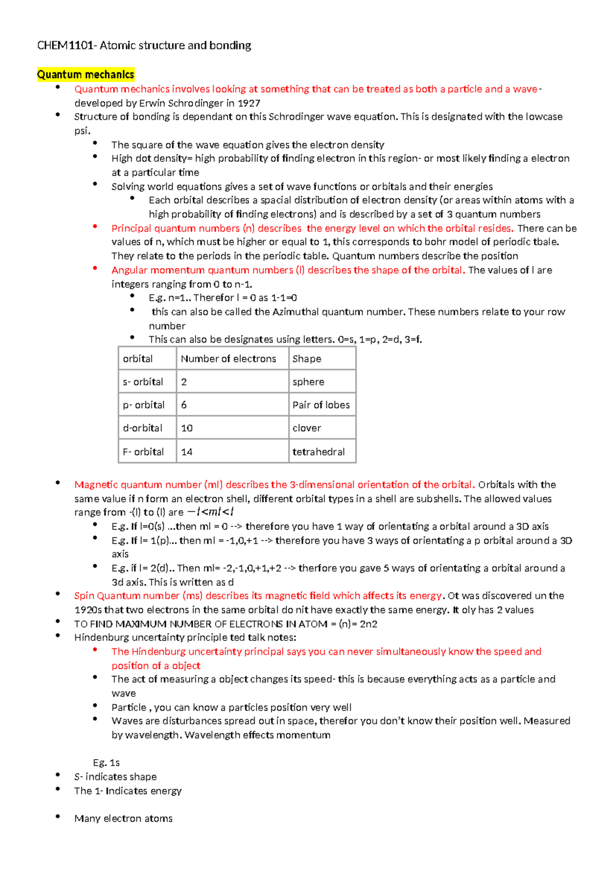 CHEM1101 Atomic structure and bonding notes - CHEM1101- Atomic ...