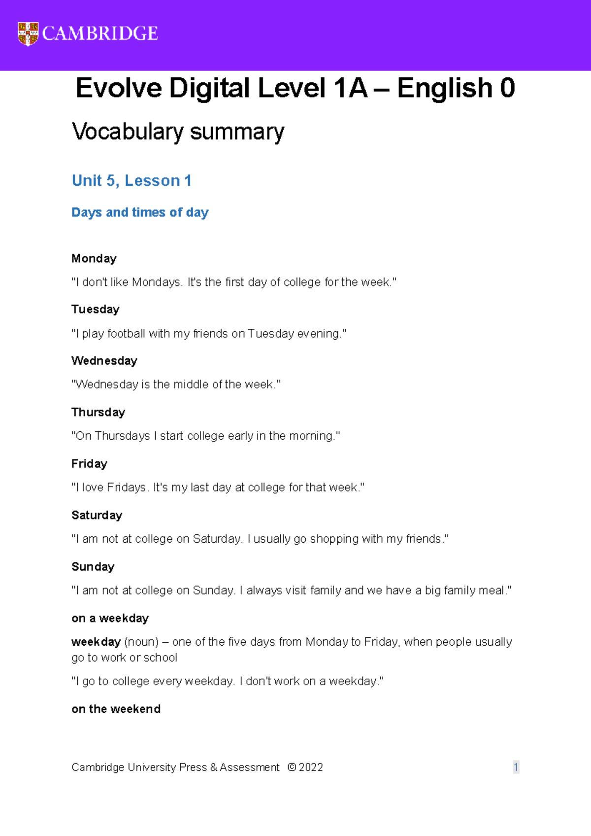 Unit 5 - E0 - Vocabulary - Evolve Digital Level 1A – English 0 ...