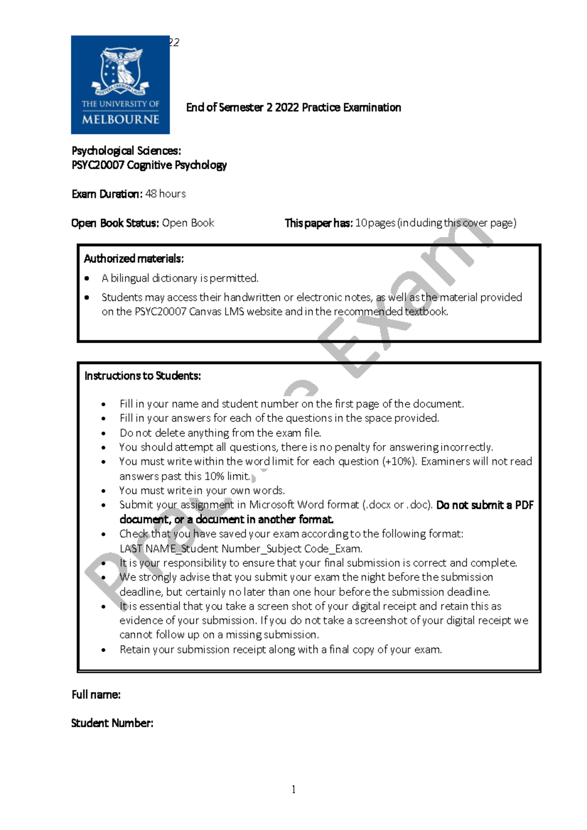 PSYC2000 7 Practice Exam 2022 Answers - End of Semester 2 2022 Practice ...