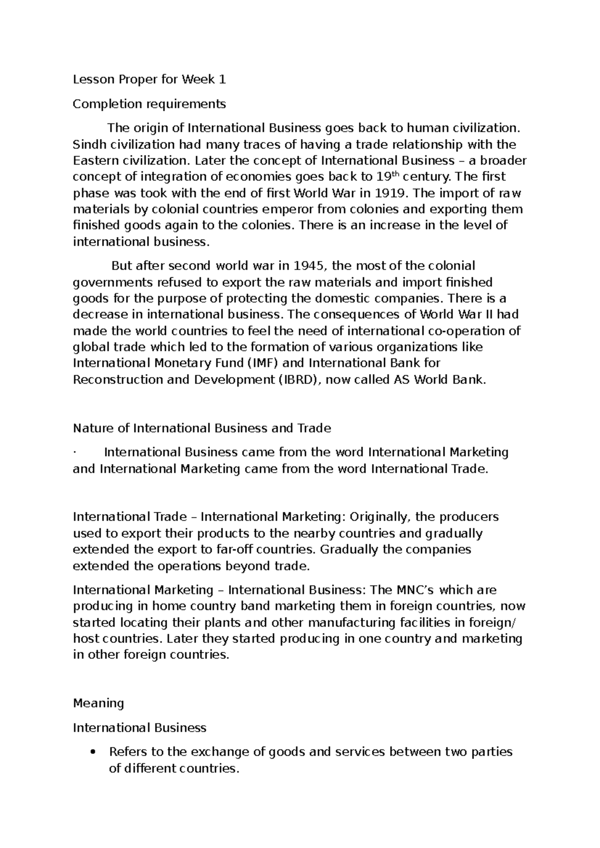 International Business and Trade week 1 Lesson - Lesson Proper for Week ...