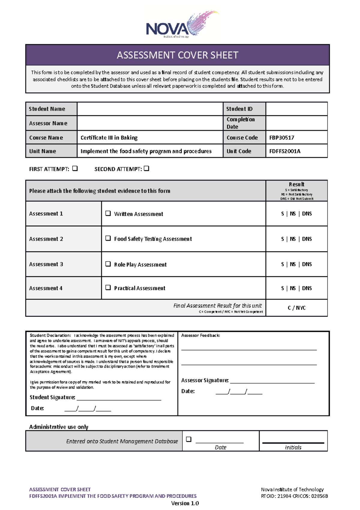 Fdffs 2001 A Assessment Cover Sheet - ASSESSMENT COVER SHEET This form ...