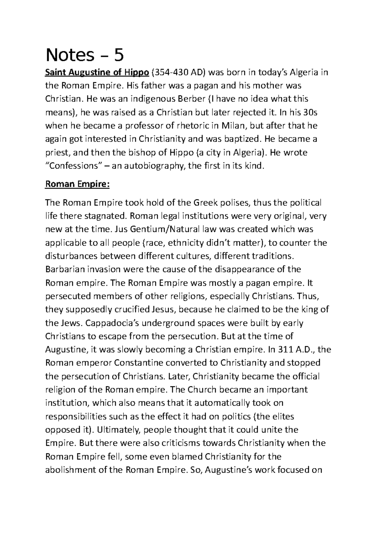 Notes - 5 - Notes – 5 Saint Augustine of Hippo (354-430 AD) was born in ...