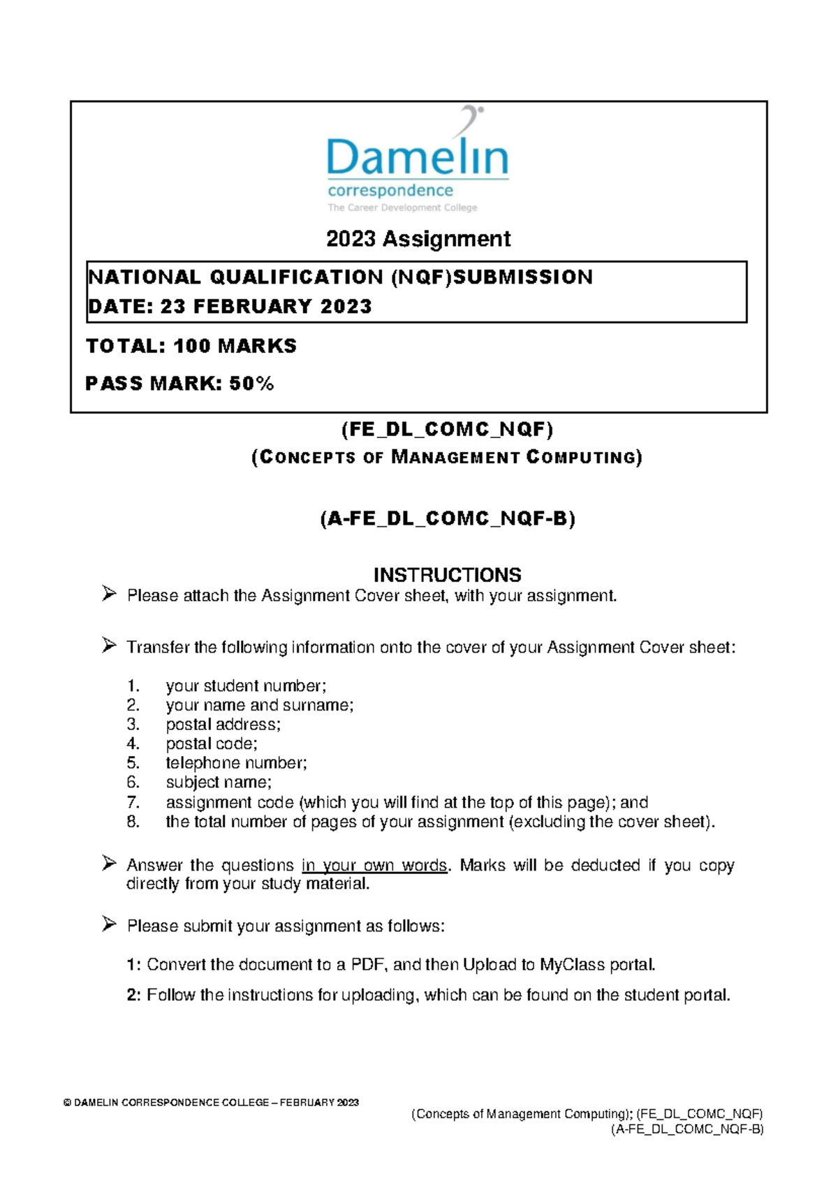 A-FE DL COMC NQF-B - STUDY GUIDE - © DAMELIN CORRESPONDENCE COLLEGE ...