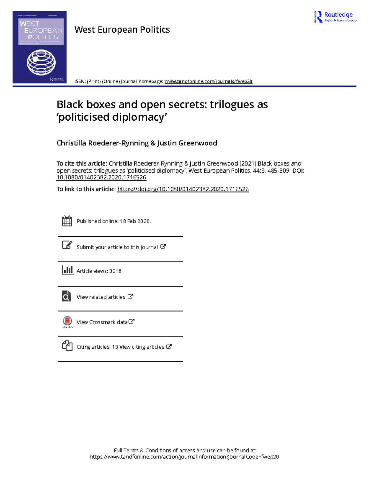 Black boxes and open secrets trilogues as politicised diplomacy - West European Politics ISSN ...