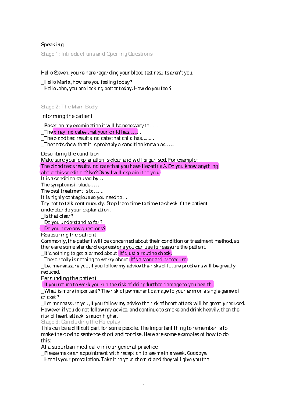 Speaking Questions with Highlights - Speaking Stage 1: Introductions ...