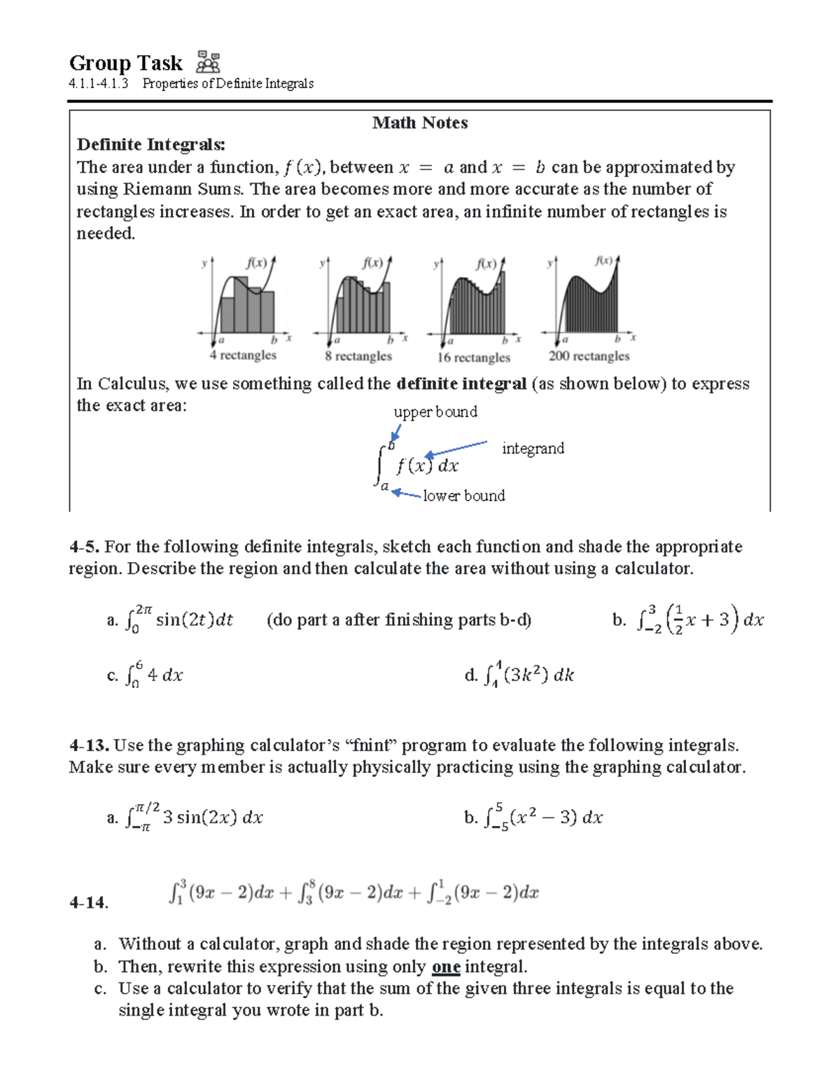 Day 32 Integral notes:classwork - Group Task 4.1.1-4.1 Properties of ...