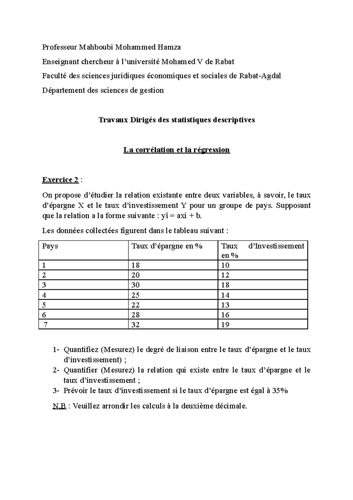 Travaux Dirrig Ã©️s de correlation et regression - Professeur Mahboubi ...