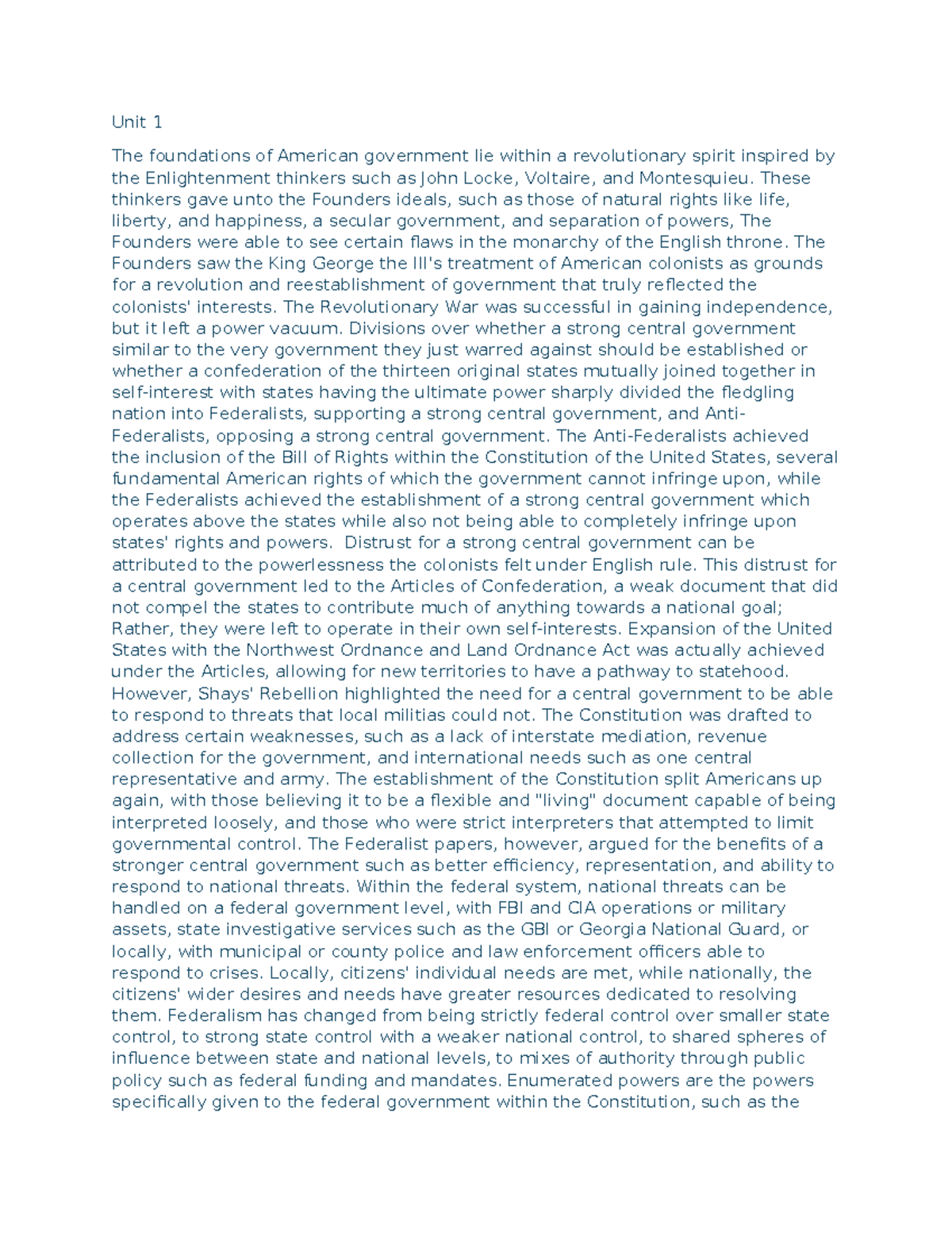 Unit 1 examples - Unit 1 The foundations of American government lie ...