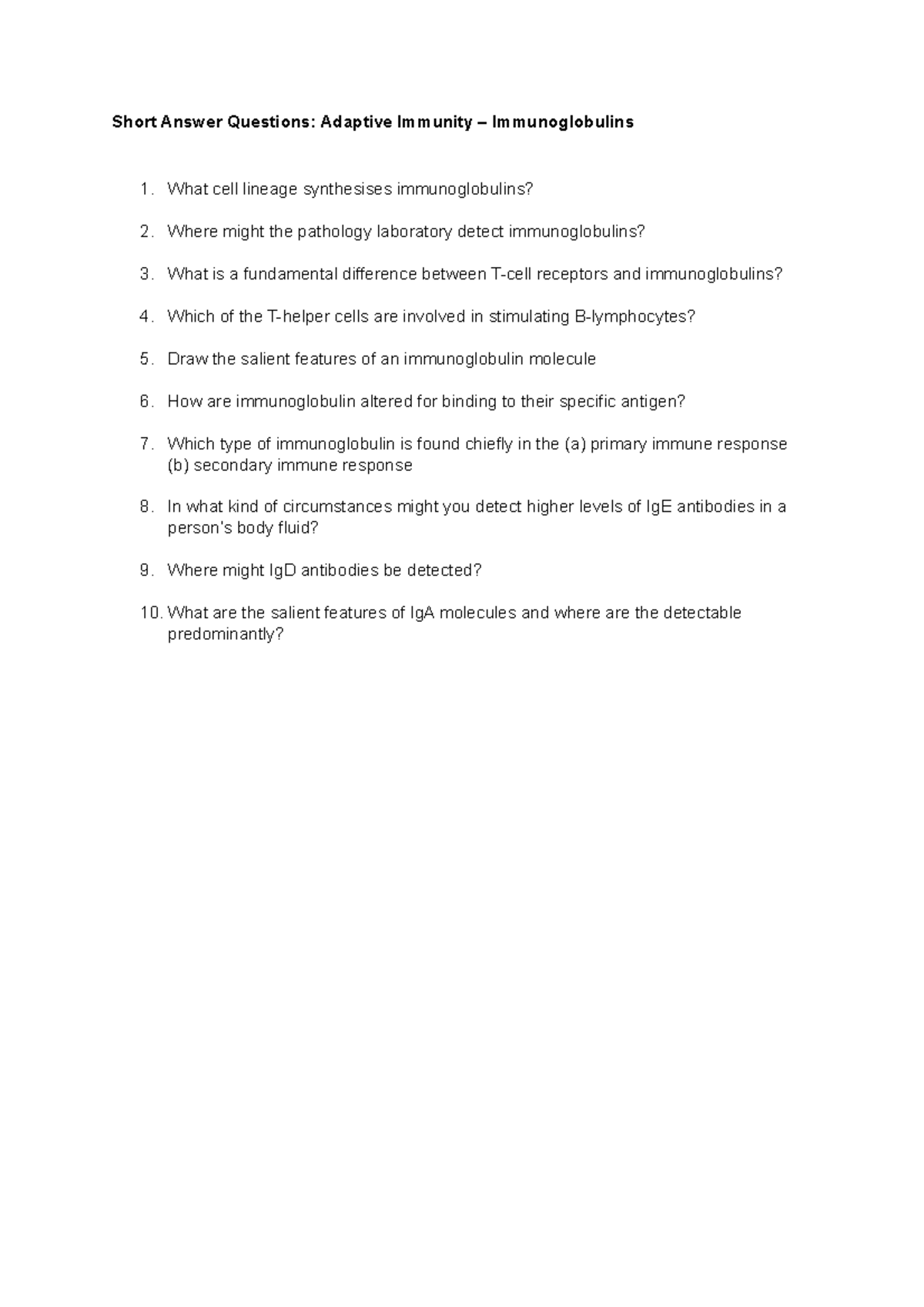 Short Answer Questions Immunolglobulins - Short Answer Questions ...